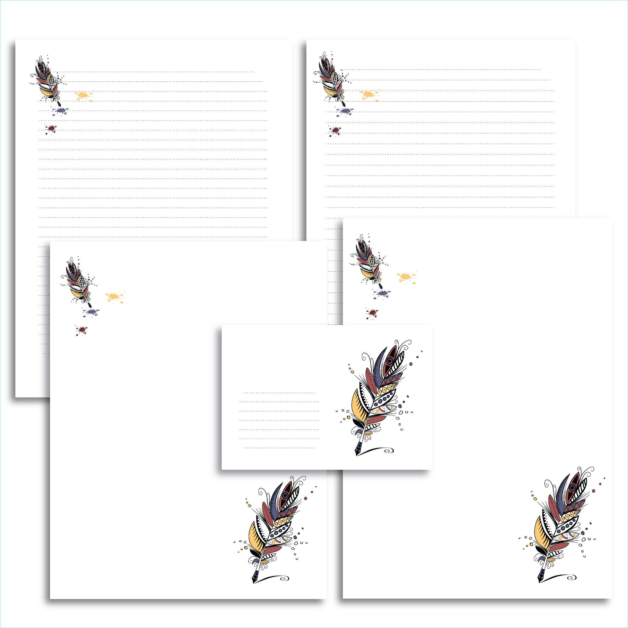 Colorful Feather Writing Paper and Envelope. Instant Download - MY COZY ...