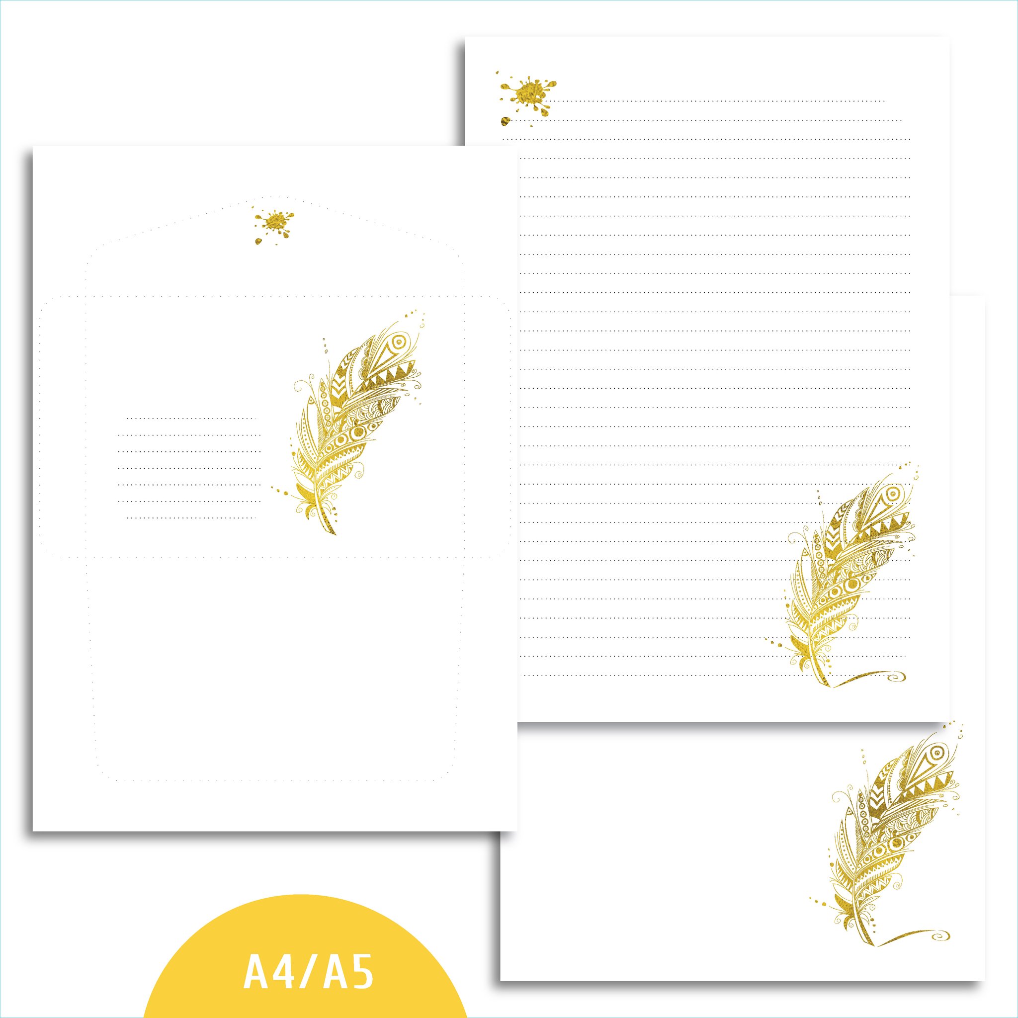 Gold Feather Writing Paper and Envelope. Instant Download - MY COZY PLANNER