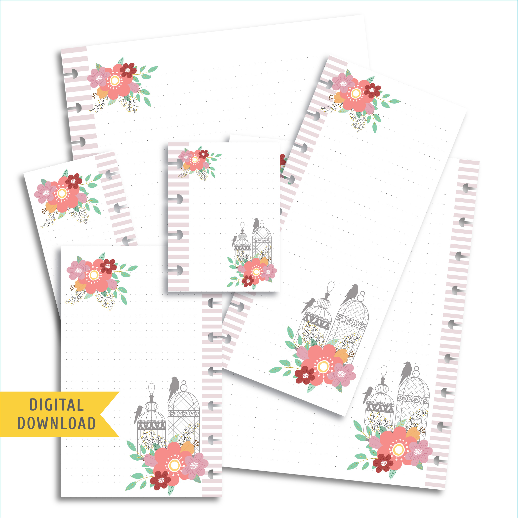 Birds and Flowers Note Planner Pages. Instant Download.