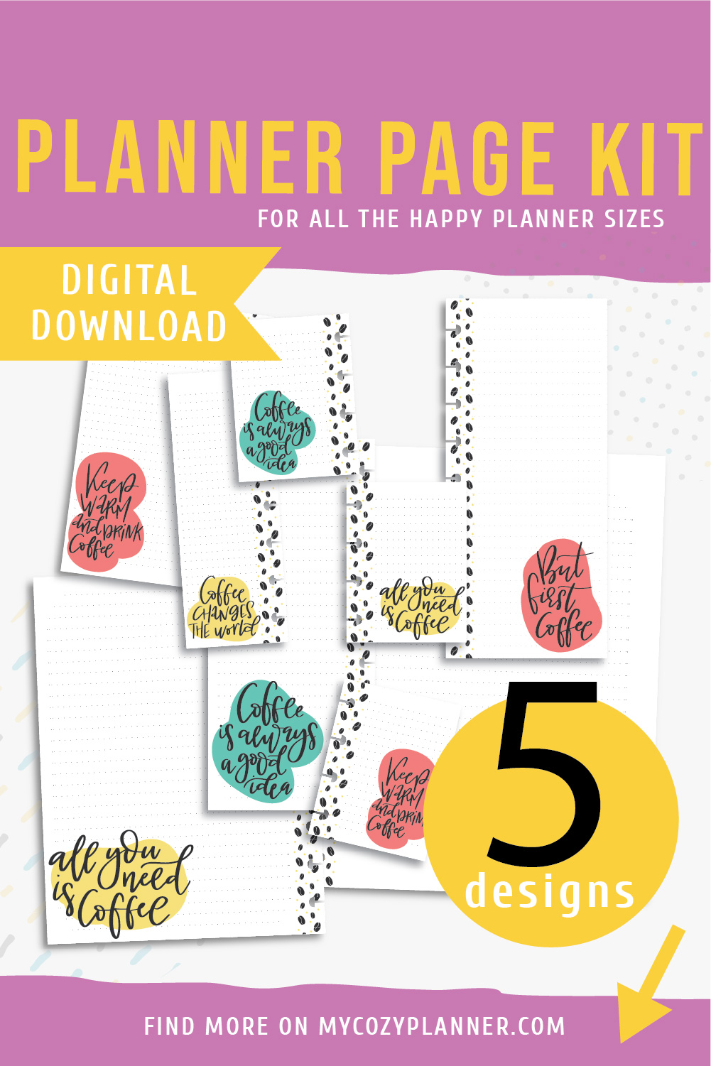 Coffee Lettering Note Planner Pages. Printable Planner Page Pack.