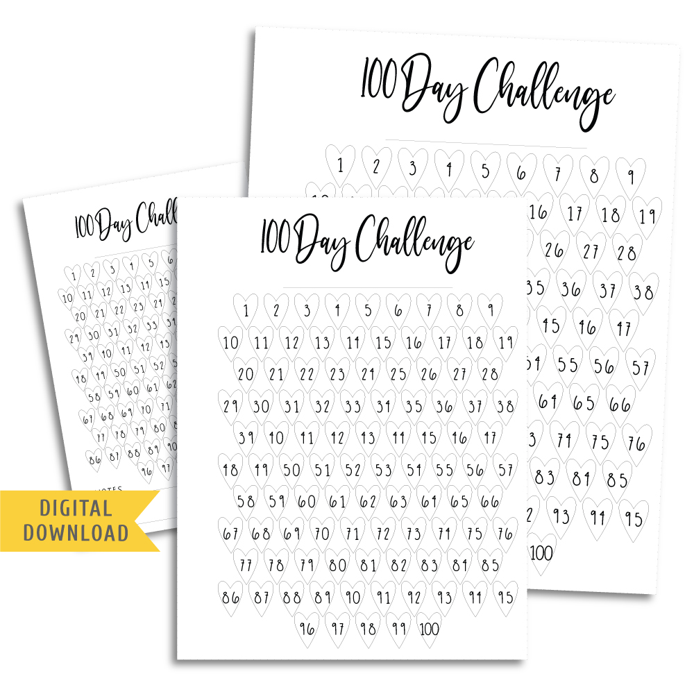 100 Day Challenge Heart Template. Free Digital Download. - MY COZY PLANNER