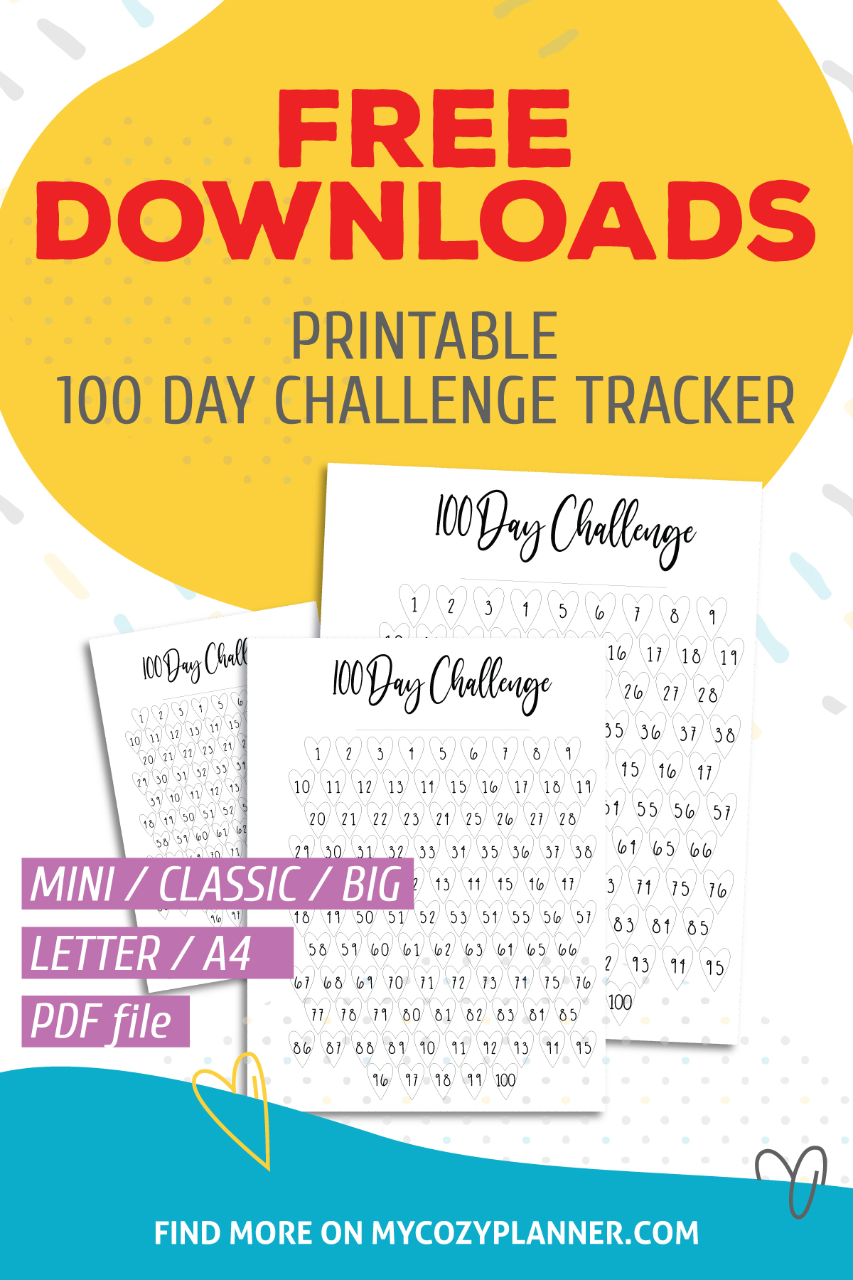 100 Day Challenge Heart Template. Free Digital Download. - MY COZY PLANNER