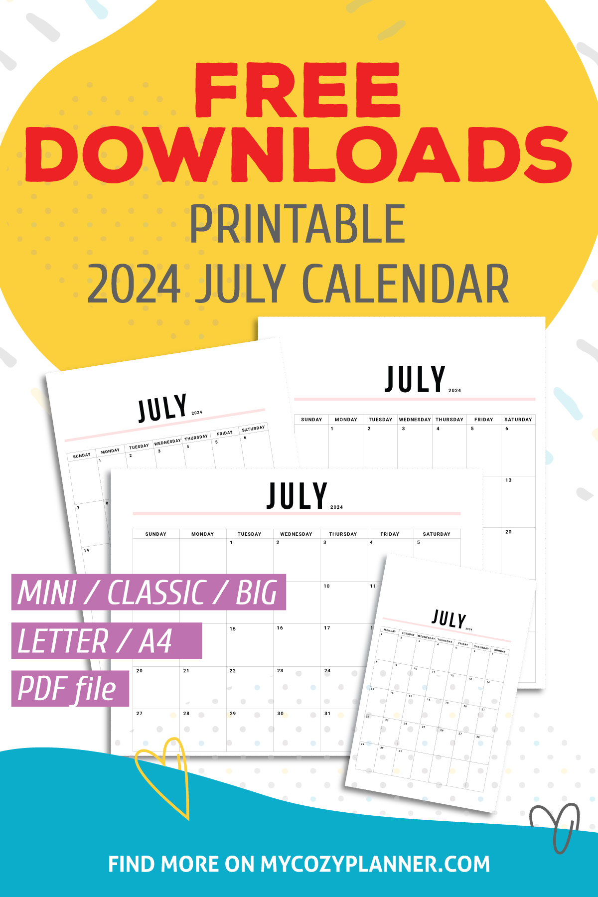July Monthly Calendar. Free Digital Download. - MY COZY PLANNER