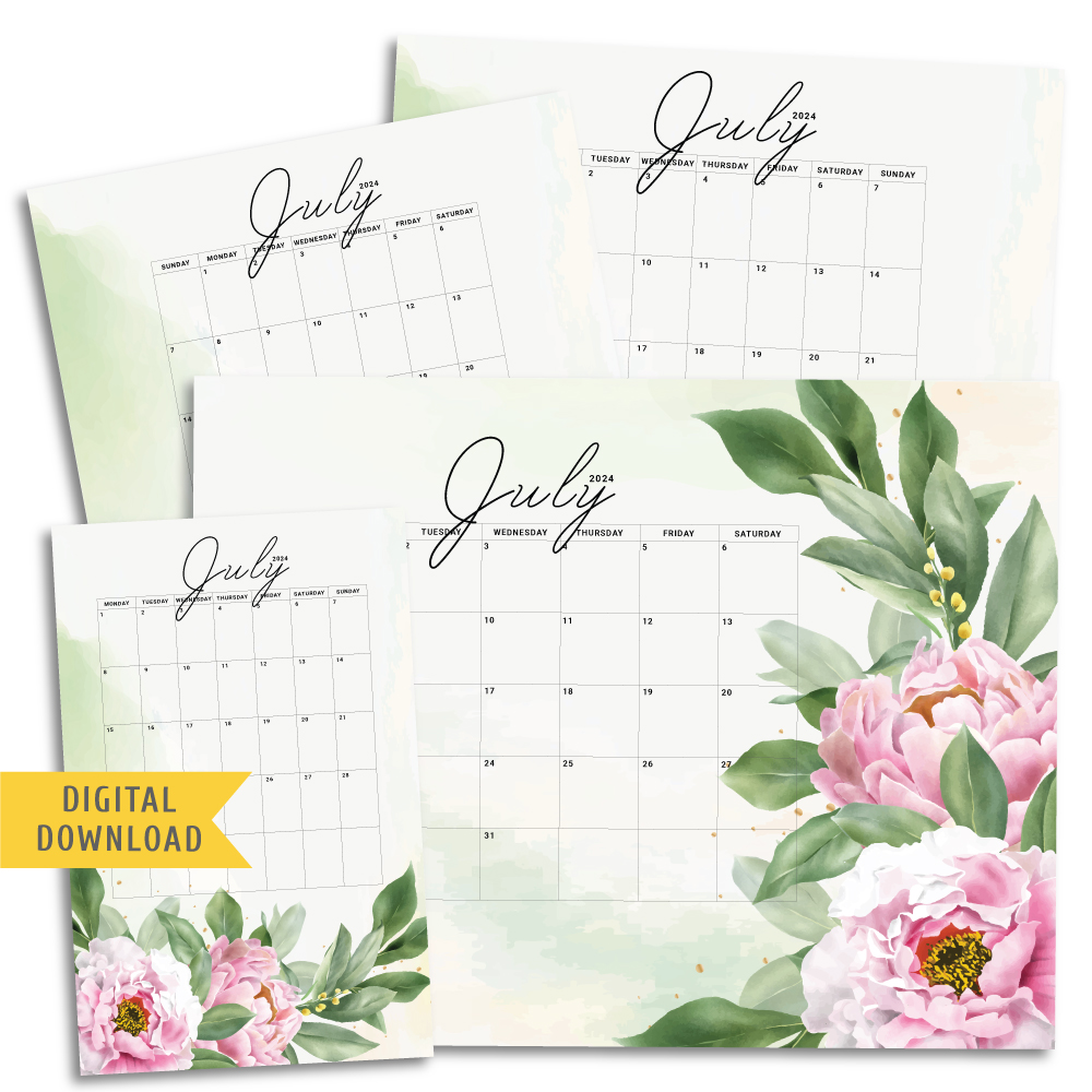 Flower July Monthly Calendar. Free Digital Download. - MY COZY PLANNER