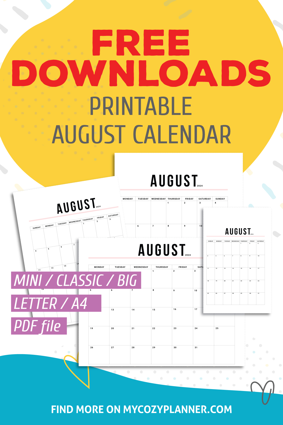 August Monthly Calendar. Free Digital Download. - MY COZY PLANNER