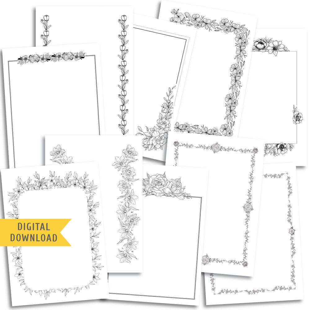 Black Floral Borders. Free Digital Download. - MY COZY PLANNER